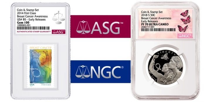 NGC and ASG Grading Breast Cancer Awareness Coin and Stamp Set