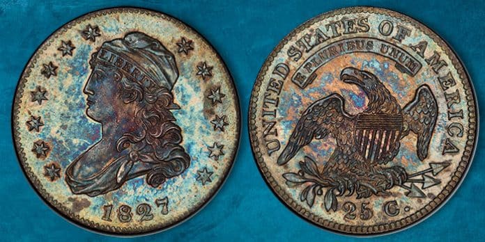 Beautiful Original 1827/3 Capped Bust Quarter Offered by GreatCollections
